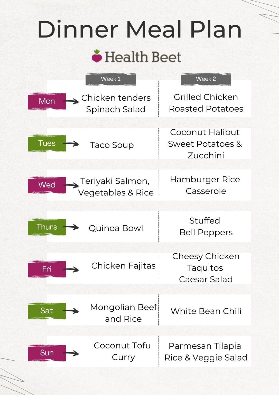 Healthy Menu for the Week (2 Week Dinner Plan) - Health Beet